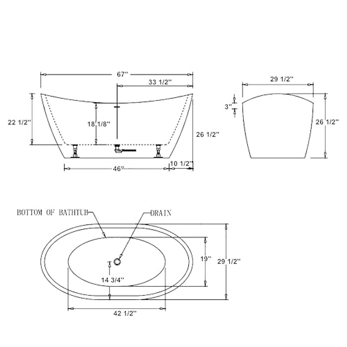 Empava 67" Acrylic Freestanding Bathtub Soaking SPA Tub Modern Stand Alone Bathtubs in White SA1518