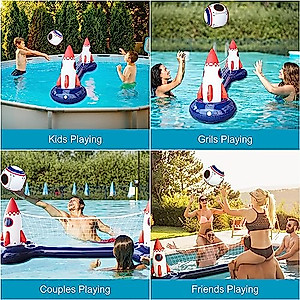 JOSEN Inflatable Pool Float Volleyball Set Court(118"x 25"x 42"),Volleyball Net for Adults,Family,Swimming Game Water Play Parties,Fun Summer Activity - Rockets