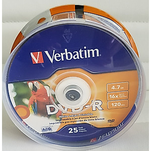 Verbatim DVD-R 4.7Gb 16X White Inkjet Hub Printable 25pk Spindle