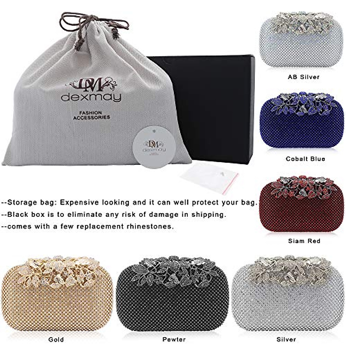 Dexmay Luxury Flower Women Clutch Purse Rhinestone Crystal Evening Bag for Wedding Party Gold