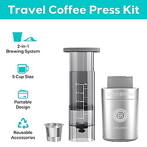 CASABREWS Portable Coffee Maker, 2 in 1 Small Travel Coffee Machine for K Cup Pod or Ground Coffee, Quick Coffee Press Kit with Stainless Steel Coffee Cup, Cup Lid, Straw and Storage Bag