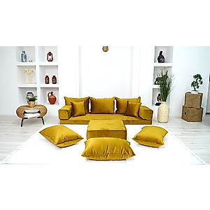 Gold Velvet Fabric Floor Seating, Sectional Sofa, Velvet Floor Sofa, Meditation Sofa, Arabic Floor Sofa Set, Floor Couches (Sofa Full Set, 4'' Thickness Sofa)