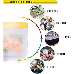 Aski Pro 8 Count Reusable Silicone Sandwich and Snack Bags with Bonus Towel, Pen and Labels-Leakproof, Washable and Eco-Friendly with Dual Ziplock Tops- Available in 3 Different Sizes