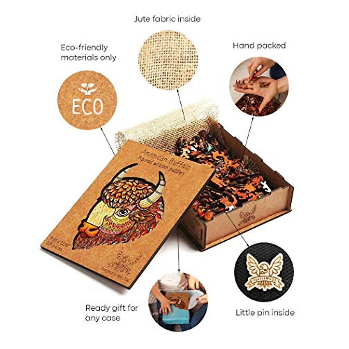 Wooden Jigsaw Puzzles for Adults and Kids Unique Shaped Jigsaw Puzzles Premium Gift Box - American Buffalo EAGLEWOOD