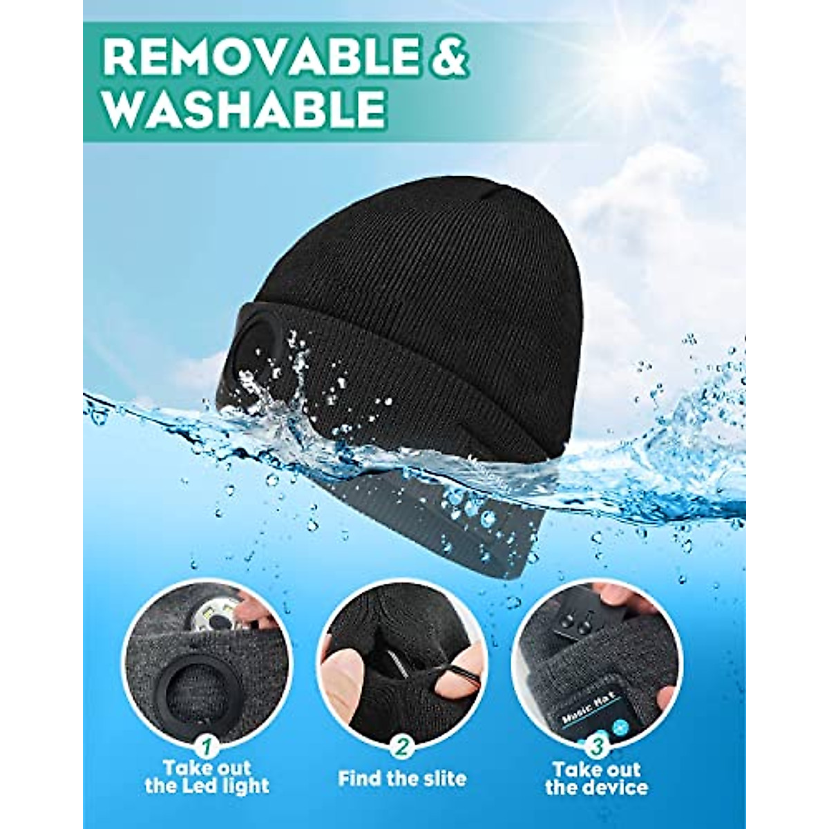 Bluetooth Beanie Hat with Light 2 Pack, 5 LED Rechargeable Headlamp Cap with Wireless Headphones, Unisex Knitted Bluetooth Hat, Women Men Gift Stocking Stuffers for Dad Father Husband (Black&Grey)