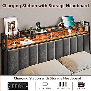 MEIJUJIA Queen Bed Frame with 2 Storage Drawers and LED Lights Headboard, Upholstered Bed Frame Queen Size with Charging Station, No Box Spring Needed, Easy Assembly - Grey