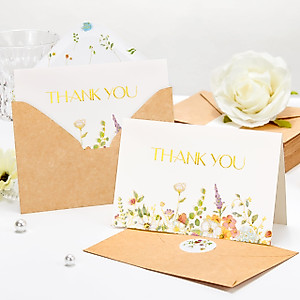 Crisky Gold Foil Wildflower Thank Cards with Envelopes 50 Pack bulk 4x6 Inch Kraft envelopes Flower Greeting Cards with Envelopes For Baby Shower, Wedding, Bridal Shower, Graduation