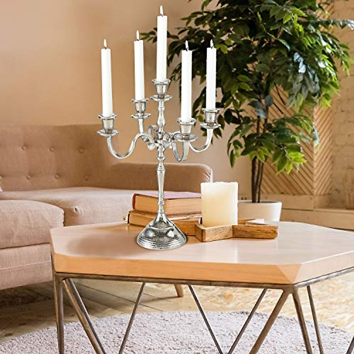 Hamptons Five Candle Candelabra, Silver Finish, Centerpiece, Hand Crafted of Cast Aluminum, Atelier Craft Surface Details, Over 1 FT High, (15.75 Inches)