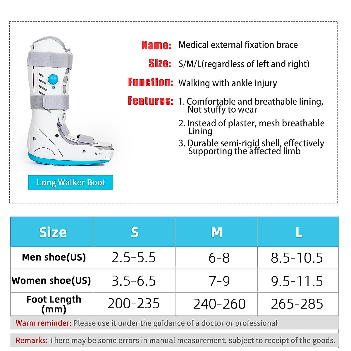 Tairibousy Medical Inflatable Tall Walking Boot Long Orthopaedic Boot Fracture Boot Ultralight Walking Boot for Sprained Ankle Stress Fracture Broken Foot or Achilles Tendonitis (S)