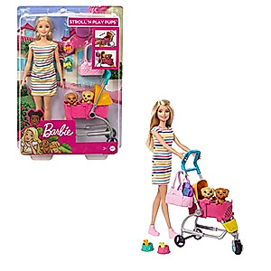 Barbie Dogwalking Doll & Accessories, Stroll & Play Pups Playset with Transforming Stroller, 2 Pets & Handbag, Blonde Doll