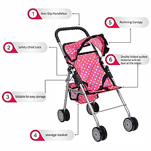 fash n kolor - My First Baby Doll Stroller - Pink Polka Dot Doll Stroller with Basket- Soft Grib Handle. Foldable with Hood Toy Doll Pram Baby Doll Accessories. With 2 Free Bonus Doll Bottles Included