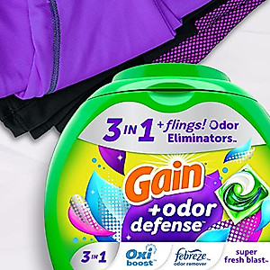 Gain Flings Laundry Detergent Pacs with Odor Defense 60 Ct Super Fresh HE 3in1 Detergent Pacs with Febreze and Oxi