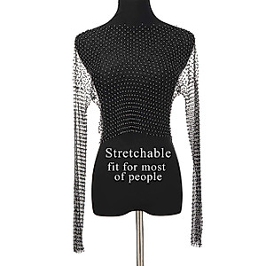 Bodiy Boho Mesh Rhinestones Body Chain Black Sexy Long Sleeve Hollow out Fishnet Crop Top Bkini Chain Jewelry Accessoires for Women and Girls