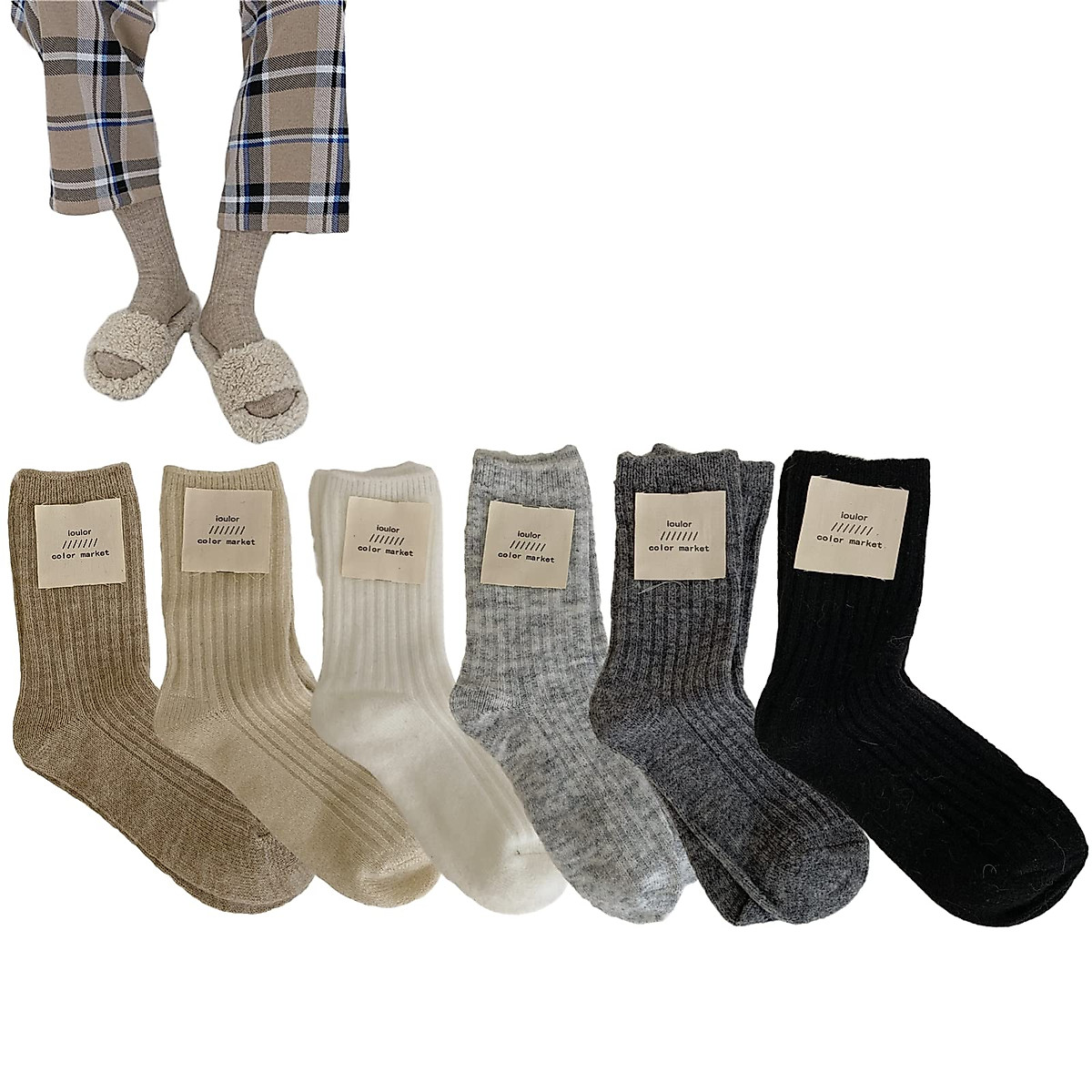 6 Pairs Women Natural Tones Color Crew Socks Girls Wool Socks Aesthetic Socks Knit Boot Socks Warm Novelty Casual Dress Socks (6 Pack Beige Tones)