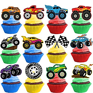 25 PCS Monster Truck Trucks Theme Birthday Party Cake Topper Cupcake Toppers Supplies Decorations Favors Decor Cute Gifts for Games Boys Girls Kids Teen Baby Shower Rewards Prizes Carnival Themed