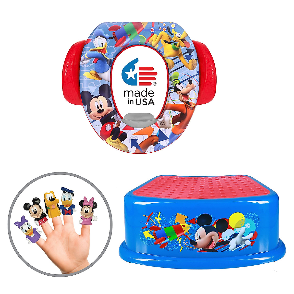 Disney Mickey Mouse 3 Pc Must Have Potty Training Set - Potty Training Seat, Step Stool for Kids, Finger Puppets