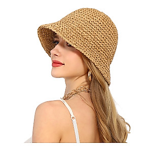 Rulala Fancy Womens Sun Hat Handmade Straw Bucket UV Protection Wide Brim Packable Travel Summer Cap for Beach UPF 50+(Khaki)