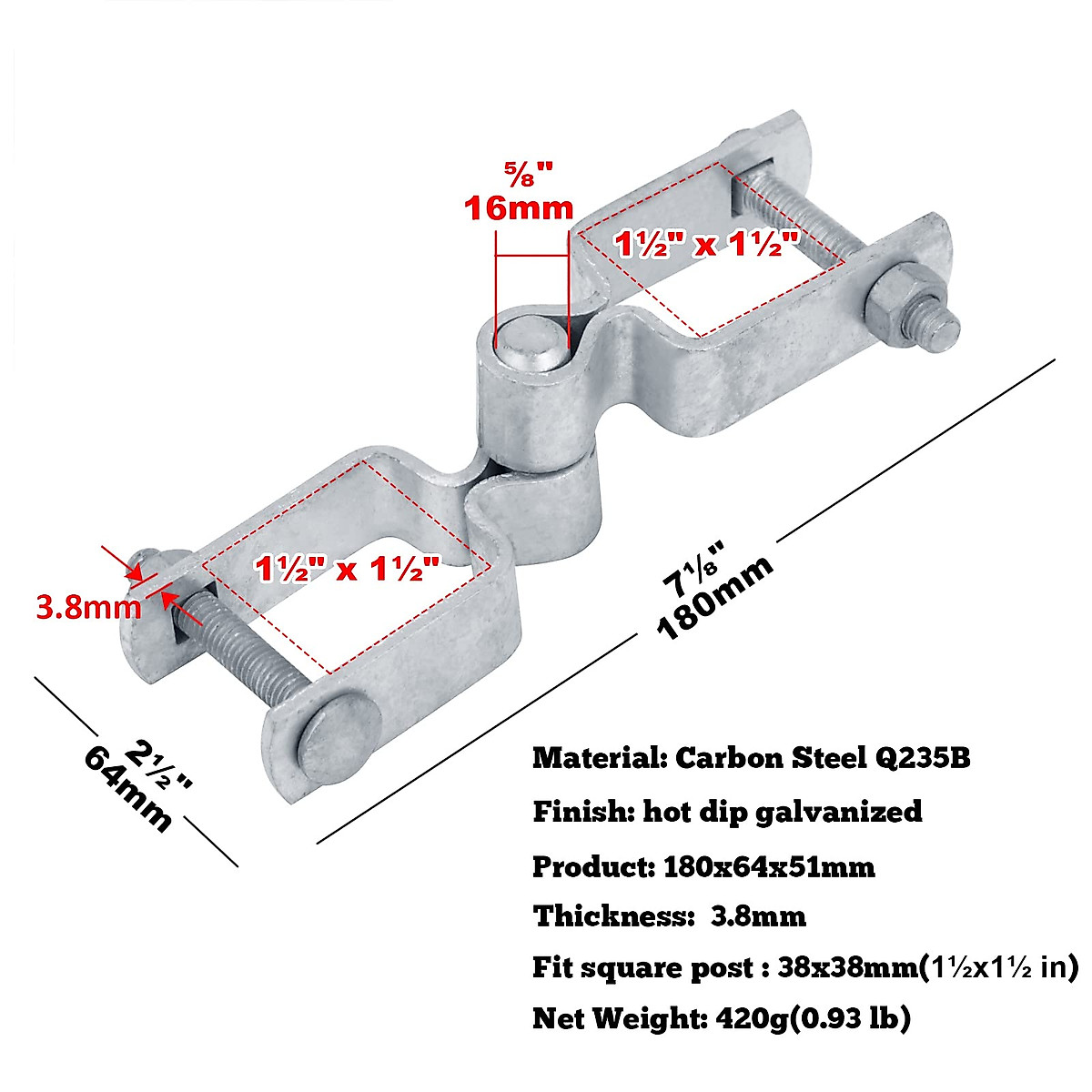 GBGS 4 Sets 1-1/2" x 1-1/2" x 5/8" Square Chain Link Fence Gate Frame Post Hinge Male and Female,Max Load 220lb