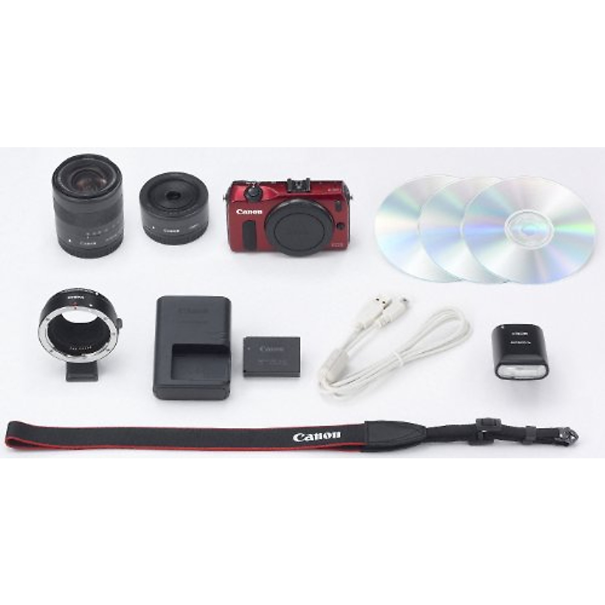 Canon EOS-M Mirrorless Digital Camera With EF-M 18-55MM, 22Mm STM Lenses with 90EX Flash with Mount Adapter EF-EOS M (Red) - International Version (No Warranty)