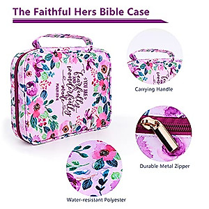 Floral Bible Cover Case with Scripture Carrying Book Case Church Bag with Leather Bookmark Protective with Handle, Zipper and Pockets for Standard Size Bible, Gift for Women Girl Kids 10“x7.5”x2.5"