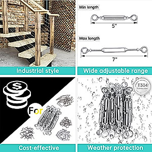 Muzata 20Set 1/8" Cable Railing Kit Hardware Heavy Duty Turnbuckle M5 Eye to Eye for Wood Post Wire Rope Stainless Steel Angle Adjustable WoodLoft System Deck Stair 20 Cable Lines CK01,CA4 CA5