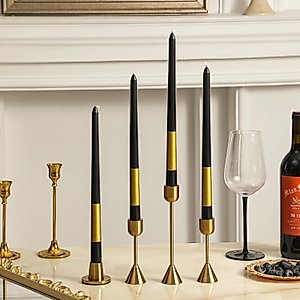 Black Taper Candles 12'' Tall with Gold Candle Sticks Set of 4 | Unscented | Home Decor Kitchen Decor Wedding Decorations (Gold)