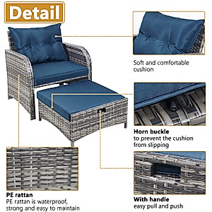 FYRICKYLINOO 5 Pieces Wicker Outdoor Patio Chairs Set with Ottoman, All Weather PE Rattan Patio Conversation Furniture Set Outdoor Furniture Set with Hidden Ottoman for Poolside Garden Balcony, Blue