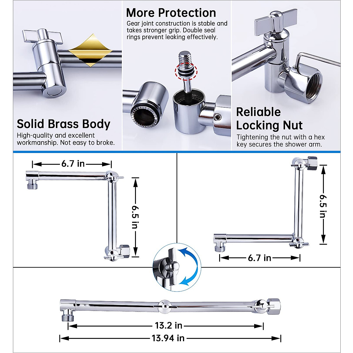 G-Promise Shower Head Extension Arm Solid Brass Adjustable Extender with Lock Joint, Standard 1/2", Rise or Lower Rainfall and Fixed Shower Head, 13" Height/Angle Adjustable Extension Arm Attachment