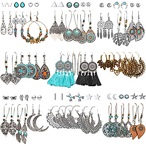 45 Pairs Fashion Hollow Drop Dangle Earrings Set for Women Girls Bohemian National Style Eardrop with Bronze Waterdrop Leaf Feather Shaped Vintage Jewelry for Gifts