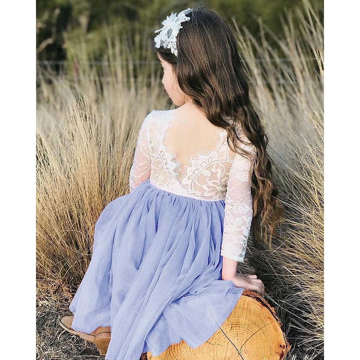 2Bunnies Girl Rose Lace Back A-Line Straight Tutu Tulle Party Flower Girl Dresses (Dusty Blue Sleeve Knee, 12Months)