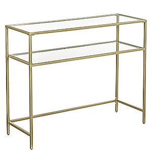 VASAGLE 39.4 Inch Console Sofa Table, Modern Entryway Table, Tempered Glass Table, Metal Frame, 2 Shelves, Adjustable Feet, for Living Room, Hallway, Gold Color ULGT025A01