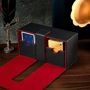 Deekin Deck Card Boxes Cards Deck Game Box Compatible with MTG TCG CCG Commander Deck Playing Card Case Card Deck Holder 3 Tray for 220+ Sleeved Cards with 18 Dice 8" x 4.5" x 3.4" (Red Black)