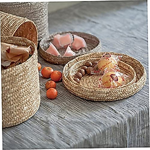 CurcKua 3pcs Straw Storage Baskets with Lid Woven Organizer Round Finishing Storage Box for Bedroom Living Room Laundry Snack