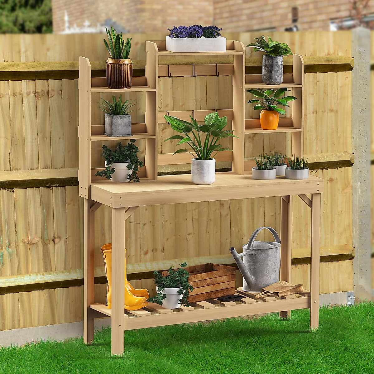Highpro Outdoors Potting Benches Table, Garden Work Table Outside, Wooden Workstation Table with Storage Shelf