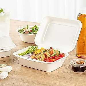 Restaurantware Pulp Safe No PFAS Added 20 Ounce Clamshell Boxes 100 Disposable Containers - Home Compostable Microwavable And Freezable White Bagasse Containers Built-In Hinged Lid