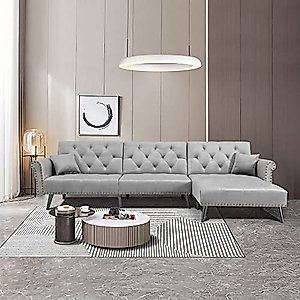 POCIYIHOME Right Hand Facing Sectional Sofa with Velvet Button Tufted, L Shape Chaise with Nail Head Detail, Conical Wood Leg, 2 Pillows, Modern & Elegant, Home Furniture for Living Room, Light Grey