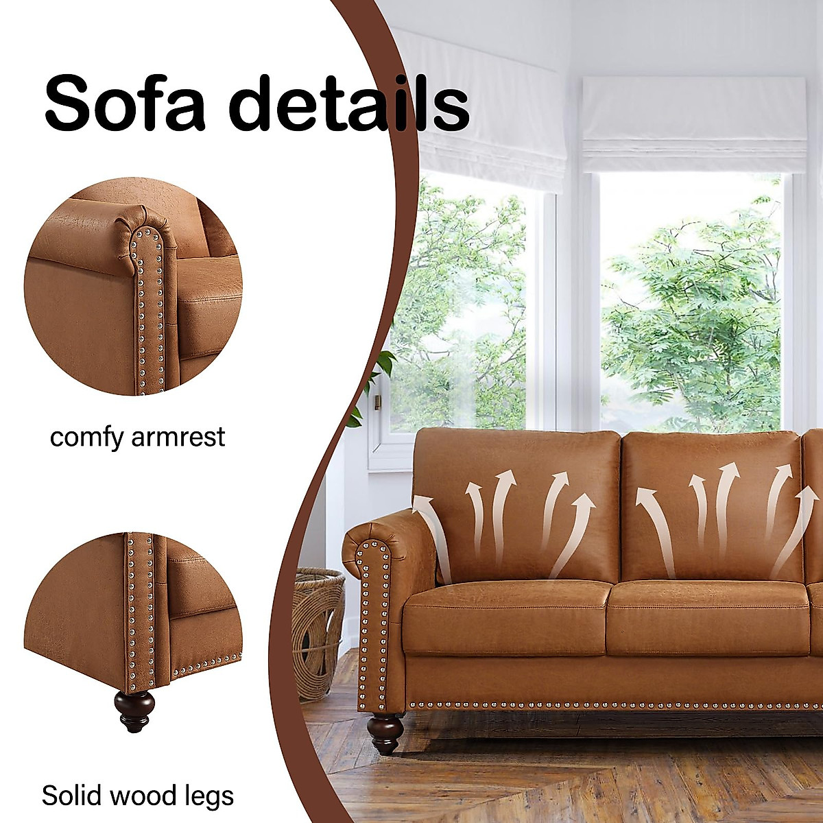 80'' Brown Leather Sofa Couch with Nailhead Trim, Mid Century Modern 3 Seater Couch Comfy Sofa Loveseat Love Seat with Extra Deep Seat and Rolled Arm Couches for Living Room, Bedroom, Office