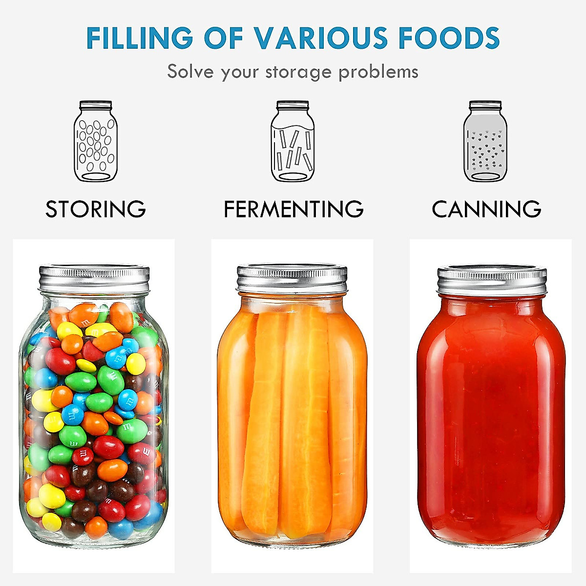 YEBODA 32 oz Mason Jars Canning Jars with Airtight Lids and Bands 6 Pack Ideal for Preserving, Meal Prep, Overnight Oats, Jam, Jelly, Jams, Spice, Sauces, Salads, Yogurt, Wedding Favors