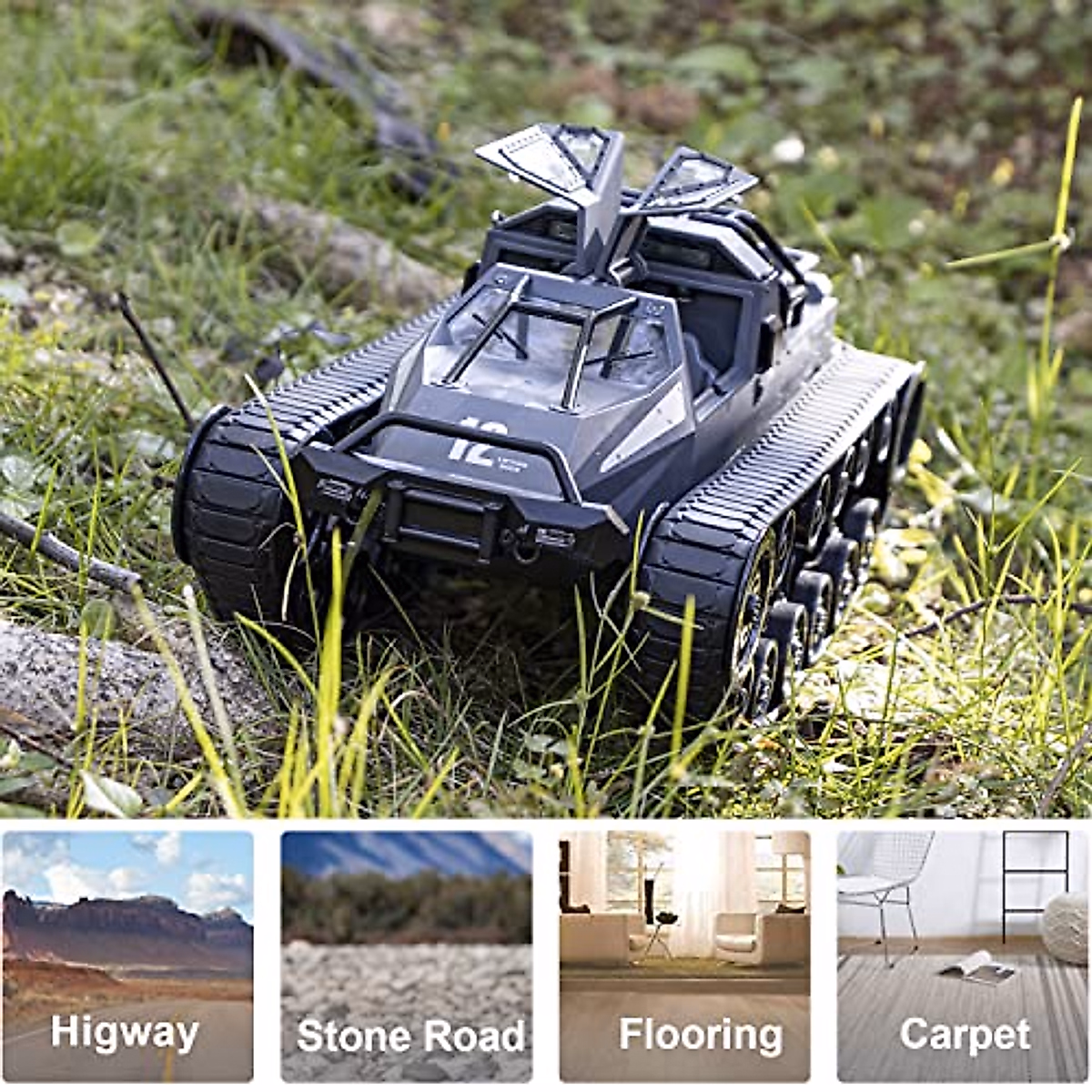 Supdex RC Tank Car, 1:12 Remote Control Crawler 12KM/H High Speed Tank, 2.4Ghz RC Rock Crawler Off-Road 4WD 360°Rotating Drifting Car with Rechargeable Battery,Military Truck Toy for Adults and Kids