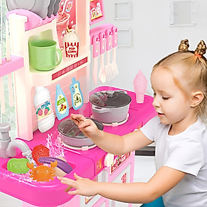 Play Kitchen Girls Toy, kids kitchen play set 3-5, 46Pcs toy kitchen Accessories for Boys and Girls, Kitchen Toys ages 4-8 with Realistic Lights & Sounds, Simulation of Spray and Play Sink