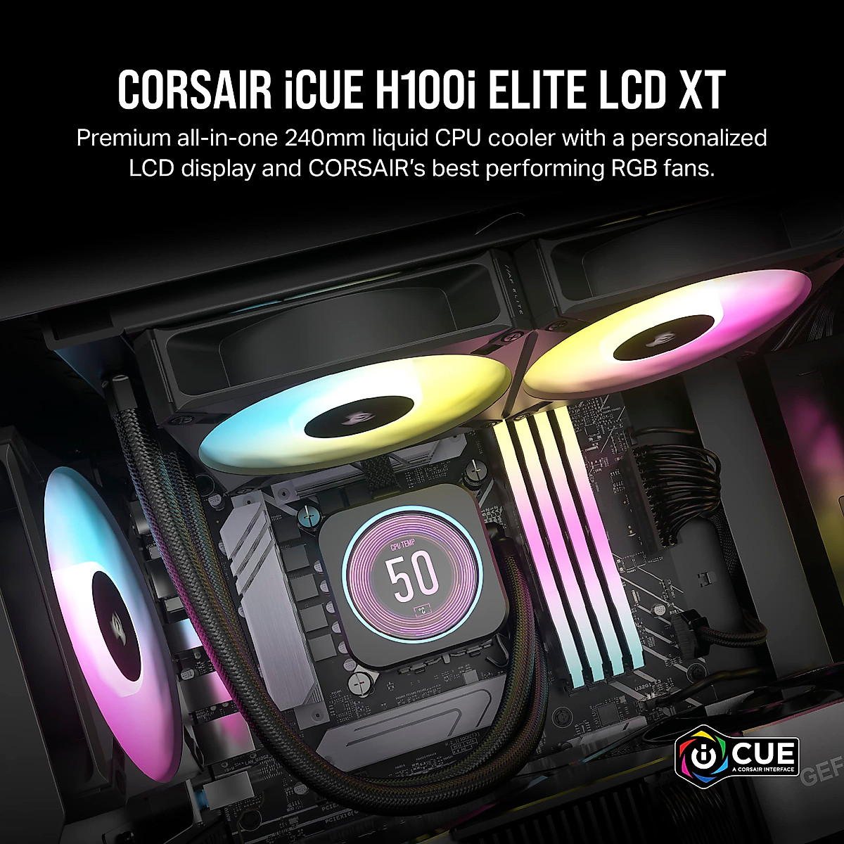 Corsair iCUE H100i Elite LCD XT Liquid CPU Cooler - IPS LCD Screen - Two AF120 RGB Elite Fans - 240mm Radiator - Fits Intel® LGA 1700, AMD® AM5, and More - Included iCUE Commander CORE - Black