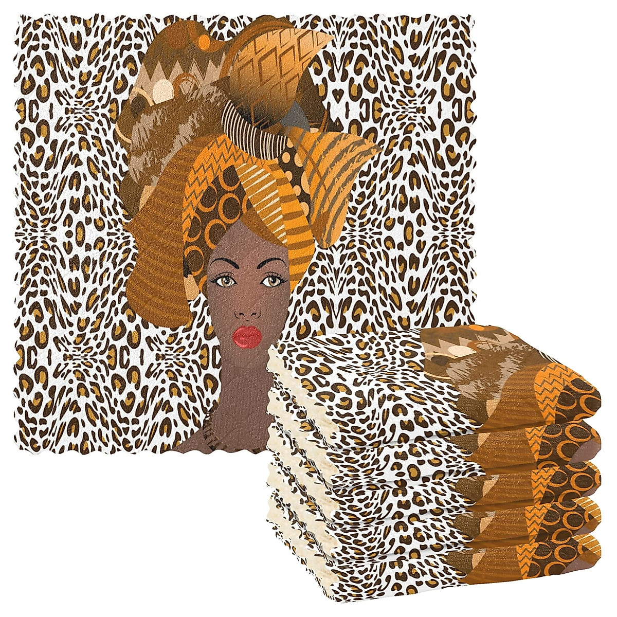ALAZA Dish Towels Kitchen Cleaning Cloths African American Woman Leopard Dish Cloths Super Absorbent Kitchen Towels Lint Free Bar Tea Soft Towel Kitchen Accessories Set of 6,11"x11"
