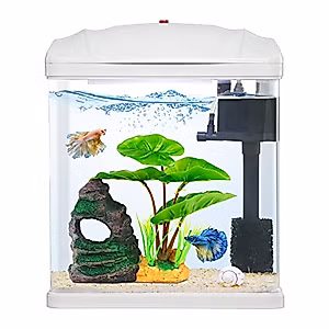Fish Tank with Filter and Light Self Cleaning System Including Mountain Cave and Leaf Decoration Rimless Aquarium Low Iron Glass 2 Gallon Small Betta Fish Tank Clear Nano Fish Tank Starter Kit