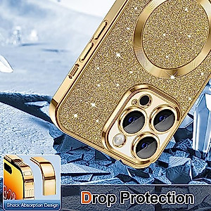 Hython for iPhone 14 Pro Case Glitter, Clear Magnetic Phone Cases with Camera Lens Protector [Compatible with MagSafe] Bling Sparkle Plating Soft TPU Shockproof Protective Cover Women Girls, Gold