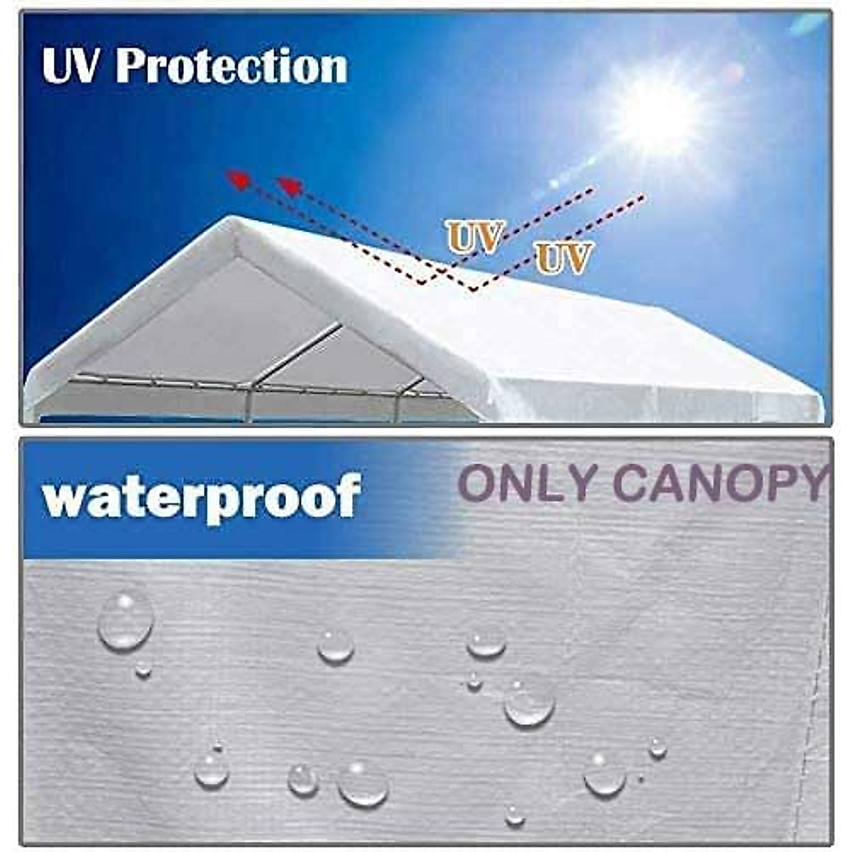 10'x20' Upgraded Carport Replacement Top Canopy Cover for Car Garage Shelter Tent Party Tent with Ball Bungees White (Only Top Cover, Frame is not Included)