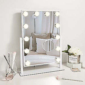 Kotdning Large Vanity Mirror with Lights, Hollywood Lighted Makeup Mirror with 12 Dimmable LED Bulbs for Dressing Room & Bedroom, Detachable 10x Magnification 360°Ratation