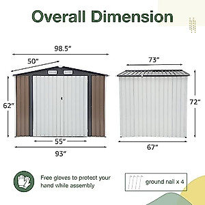 OC Orange-Casual 8 x 6 FT Outdoor Storage Shed, Metal Garden Tool Shed, Outside Sheds & Outdoor Storage Galvanized Steel w/Lockable Door for Backyard, Patio, Lawn, White & Brown