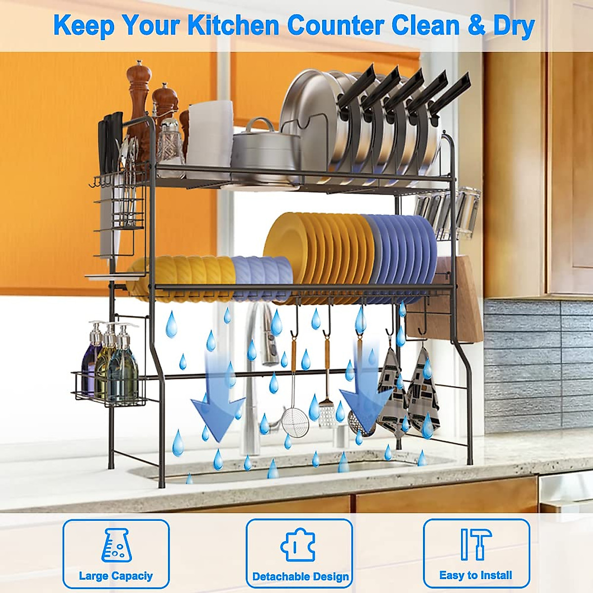 Bextsrack Over The Sink Dish Drying Rack, Multifunctional Dish Drying Rack with Pot Rack for Kitchen Storage Organizer