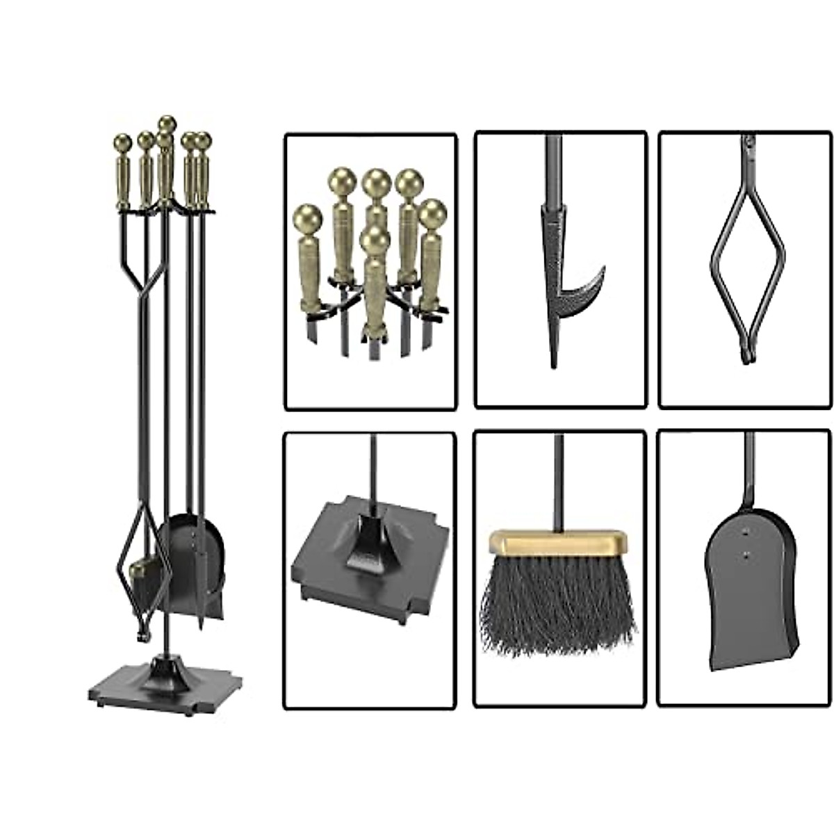 CALIDOLA 5 Pieces Fireplace Tool Set, Cast Iron Hearth Accessories Tools with Antique Brass Handles
