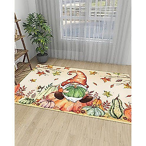 Boho Gnome Pumpkin Large Rectangular Area Rugs 5' x 8' Living Room, Durable Non Slip Rug Carpet Floor Mat for Bedroom Bedside Outdoor Thanksgiving Fall Harvest Autumn Leaf
